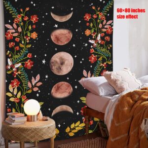 Lifeel Moonlit Garden Tapestry, Moon Phase Surrounded by Vines and Flowers Black Wall Decor Tapestry 36×48 inches