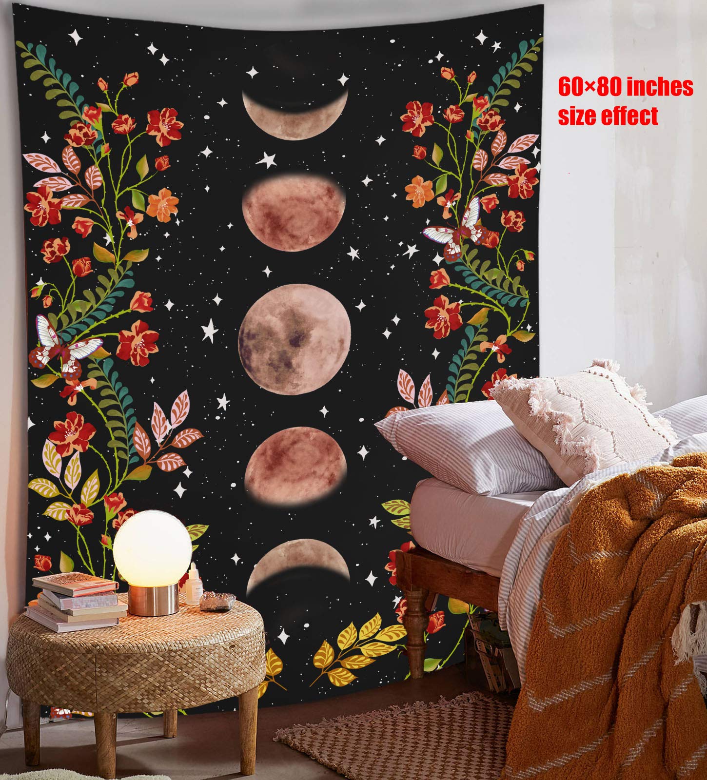 Lifeel Moonlit Garden Tapestry, Moon Phase Surrounded by Vines and Flowers Black Wall Decor Tapestry 36×48 inches