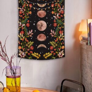 Lifeel Moonlit Garden Tapestry, Moon Phase Surrounded by Vines and Flowers Black Wall Decor Tapestry 36×48 inches