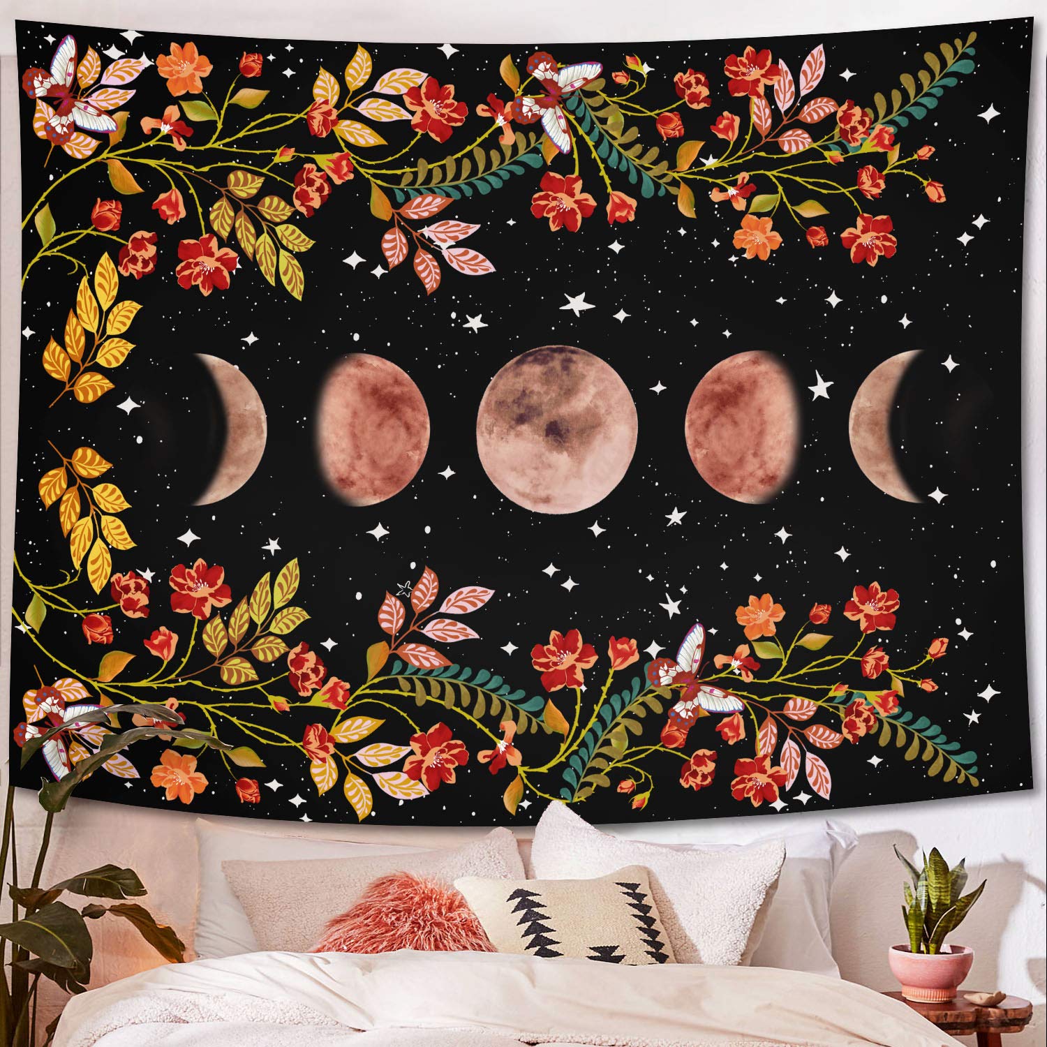 Lifeel Moonlit Garden Tapestry, Moon Phase Surrounded by Vines and Flowers Black Wall Decor Tapestry 36×48 inches