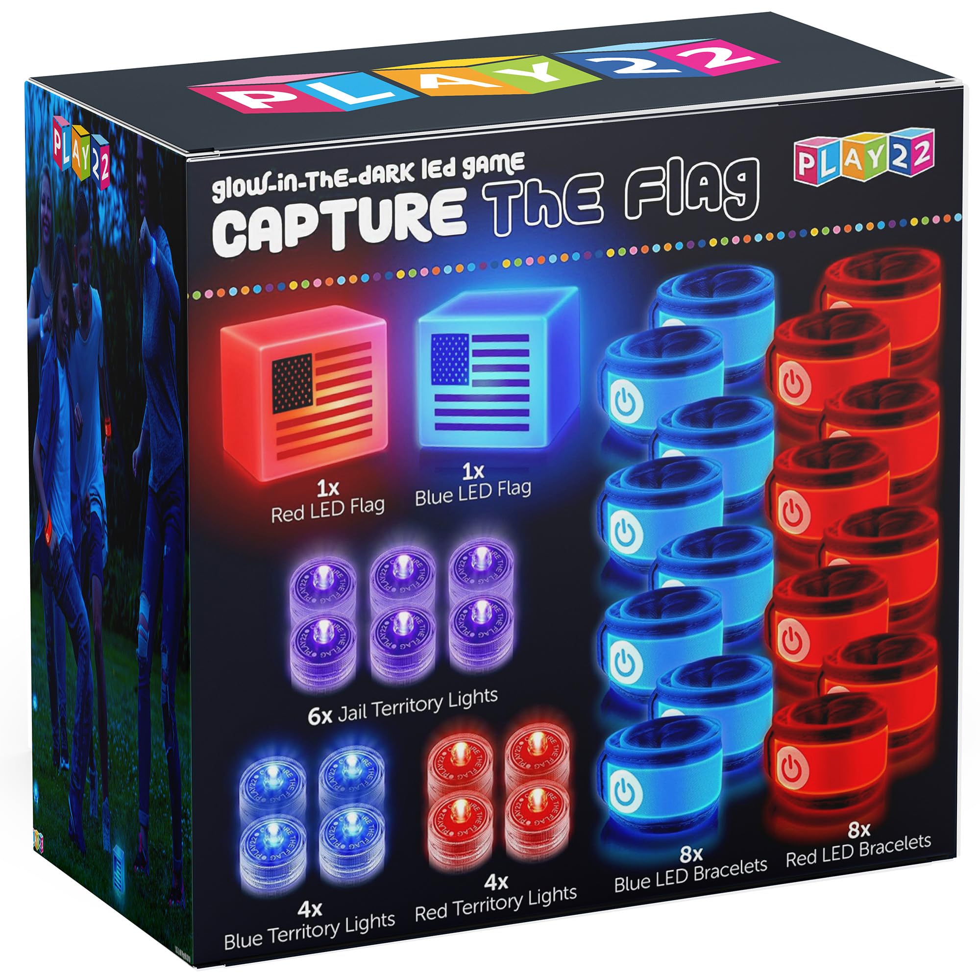 Play22 American Capture The Flag Glow in The Dark Game - Capture The Flag Game Up to 14 Players - Capture The Flag Set Includes 14 Bands, 16 Team Lights, 2 Flags - Great Outdoor Gift - Original