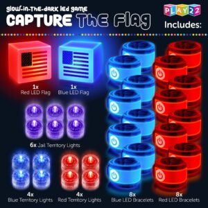 Play22 American Capture The Flag Glow in The Dark Game - Capture The Flag Game Up to 14 Players - Capture The Flag Set Includes 14 Bands, 16 Team Lights, 2 Flags - Great Outdoor Gift - Original