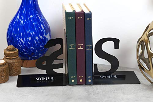 Underground Toys Harry Potter Metal Bookends - Black Hogwarts House Slytherin Diecast Design - Decorative Book Holder - Home, Office, Kitchen, Room Decor - Books Collection Display for Shelves