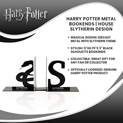 Underground Toys Harry Potter Metal Bookends - Black Hogwarts House Slytherin Diecast Design - Decorative Book Holder - Home, Office, Kitchen, Room Decor - Books Collection Display for Shelves