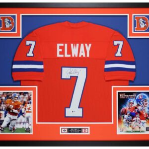 John Elway Autographed Orange Denver Jersey - Beautifully Matted and Framed - Hand Signed By John Elway and Certified Authentic by Beckett - Includes Certificate of Authenticity