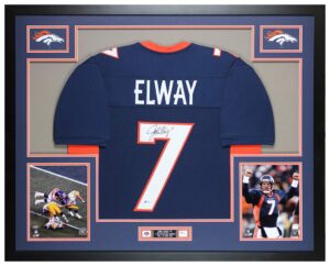 john elway autographed blue denver jersey - beautifully matted and framed - hand signed by john elway and certified authentic by beckett - includes certificate of authenticity