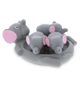 dollibu elephant family animal bath squirters 4 piece bath toy set, children bath toys for bathtime & water fun, girls & boys floating rubber squirt toys, pool toys for kids - gray elephant