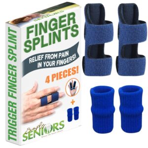 simply seniors finger splints - set of 2 splints & 2 sleeves - pain & arthritis relief - brace for trigger, mallet & broken finger - fits index, middle, ring - adjustable support for injury & sprain