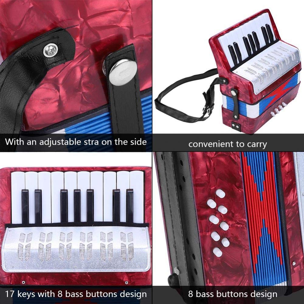 Focket Piano Accordion, 17 Key 8 Bass Button Hand Piano Accordion Lightweight Concertina Educational Music Instrument with Manual, for Solo and Ensemble Beginners Students Kid (Red)