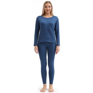 pisiqi thermal underwear women ultra-soft long johns set base layer skiing winter warm top & bottom (l, blue)