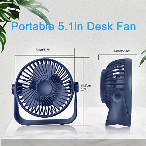 TriPole Desk Fan Small Table Fan Rechargeable Battery Operated Mini Fan 360 Degree Rotation 5.1 Inch Portable Fan 4 Speed USB Personal Fan for Home Office