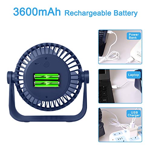 TriPole Desk Fan Small Table Fan Rechargeable Battery Operated Mini Fan 360 Degree Rotation 5.1 Inch Portable Fan 4 Speed USB Personal Fan for Home Office