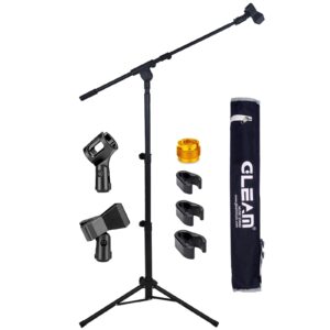 gleam microphone stand - tripod boom arm mic stand with carrying bag, 2 mic clips and screw adapter portable for singing performance wedding stage and mic mount