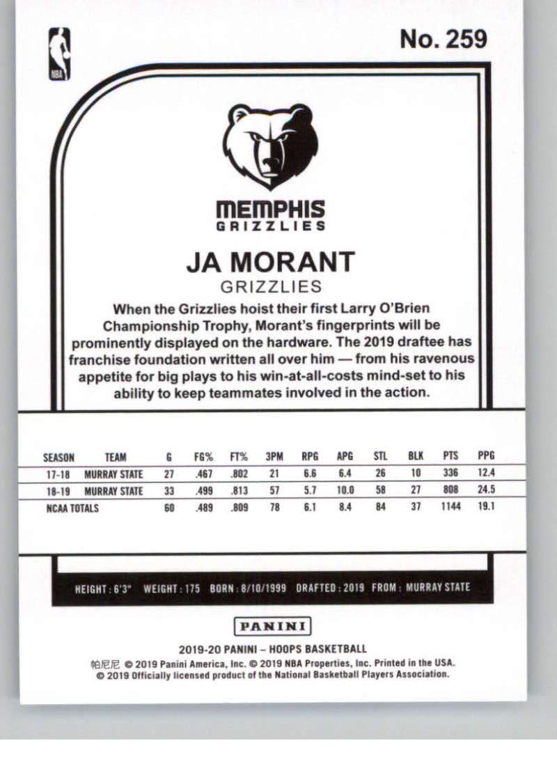 2019-20 Panini Hoops #259 Ja Morant Memphis Grizzlies RC Rookie NBA Basketball Trading Card