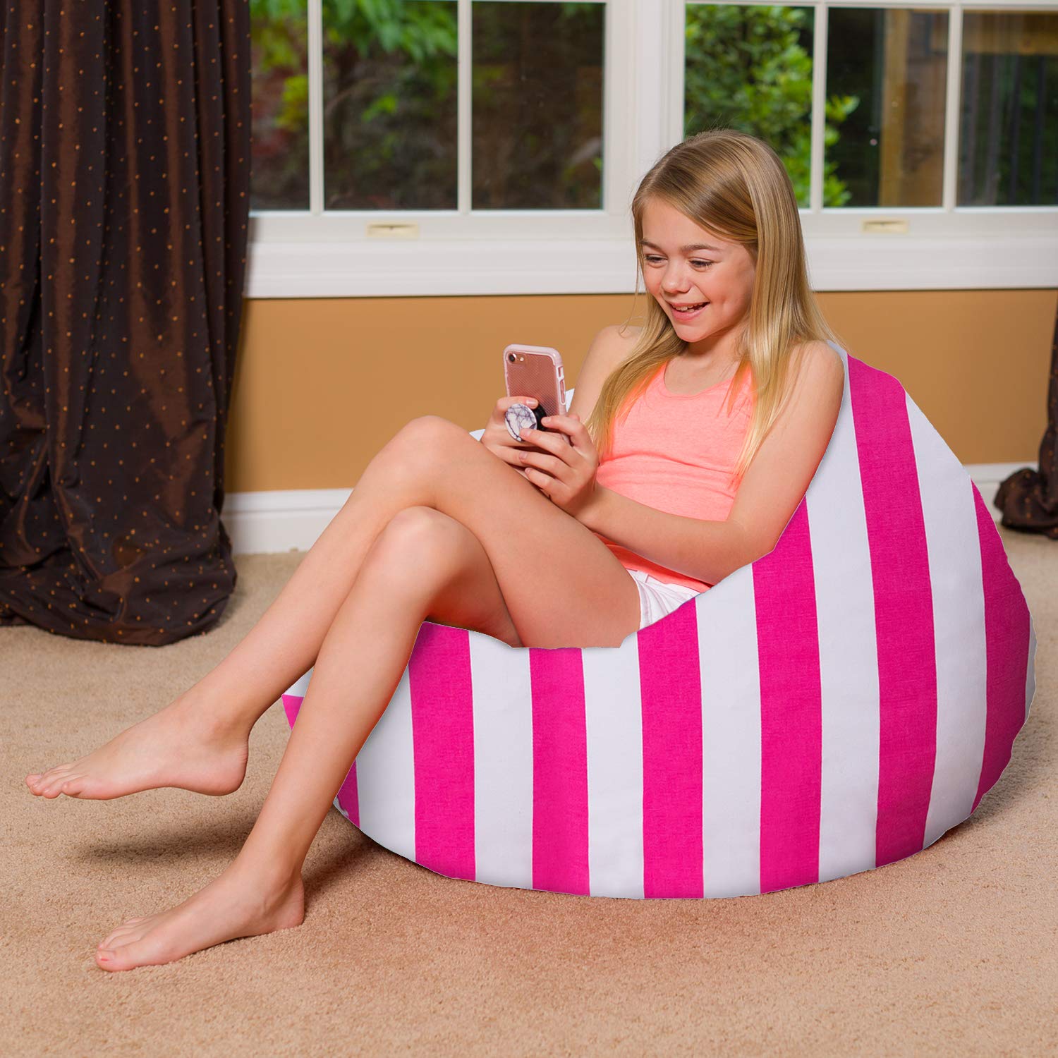 Posh Creations Bean Bag Chair for Kids, Teens, and Adults Includes Removable and Machine Washable Cover, 38in - Large, Canvas Stripes Pink and White