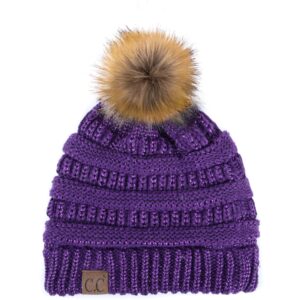 c.c exclusives unisex solid ribbed beanie with pom (hat-43) (purple metallic)