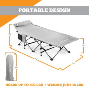 Alpcour Extra Large Camping Cot Heavy Duty Compact XL Bed in a Bag with Pillow for Adults & Kids – Portable Folding Steel Frame & Comfortable Lightweight Polyester – 75x28” – Weight Capacity 500 Lbs