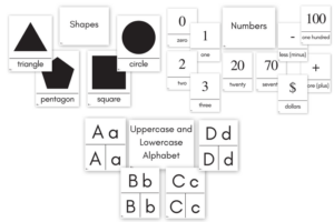 letters, numbers, and shapes: montessori-style 3 part flash cards