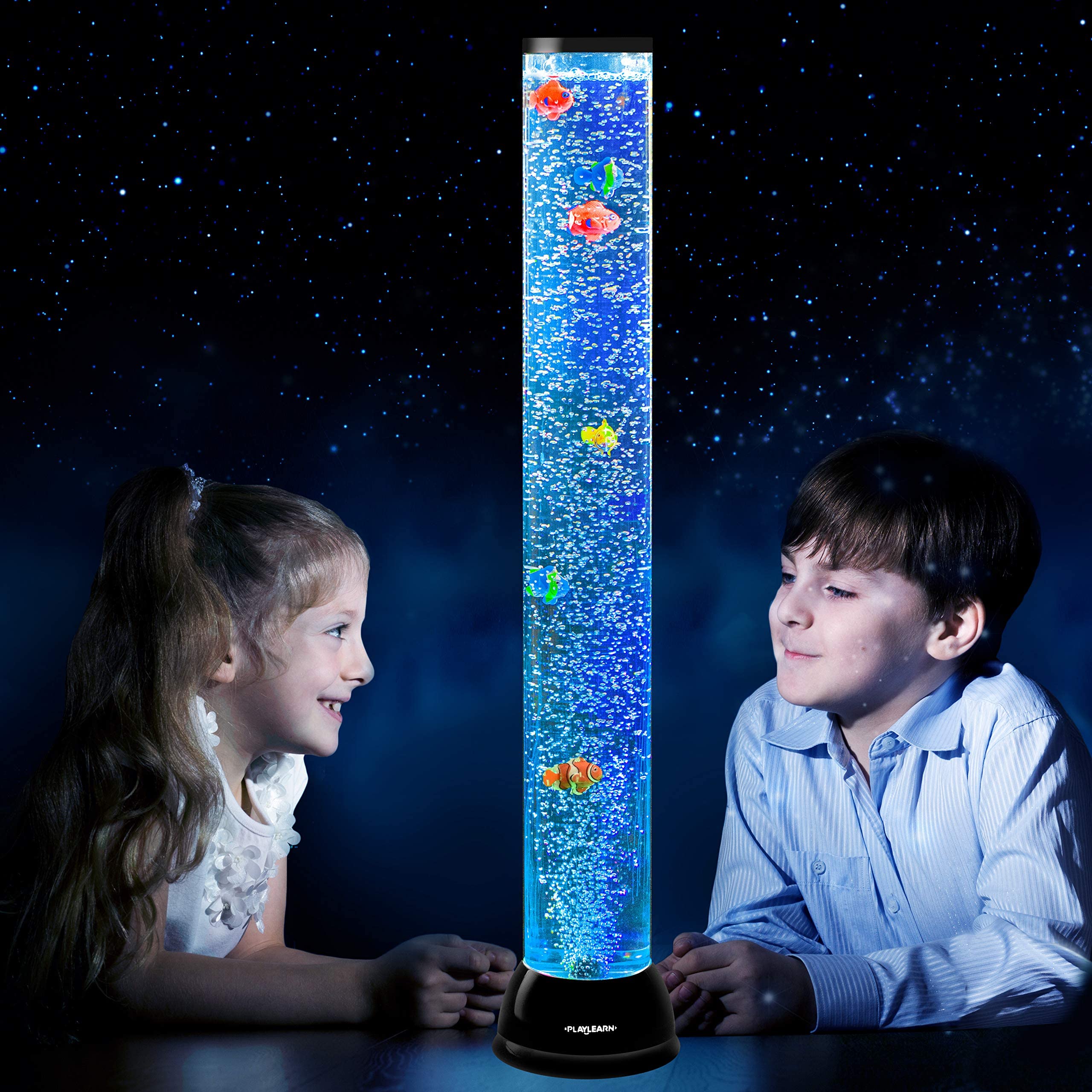 Playlearn 2.7ft Sensory Bubble Tube - 8 Fake Fish - 8 Color Changing LED Lights - Fake Fish Tank Bubble Lamp