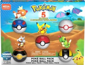 mega pokémon action figure building toys set for kids, poké ball bundle with 118 pieces, 5 poseable characters including pikachu and more