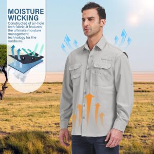 linlon Mens Safari Shirts Long Sleeve UV Protection Hiking Fishing UPF 50+ Quick Dry Cooling Camping Travel Shirts#5066-Light Grey-2XL