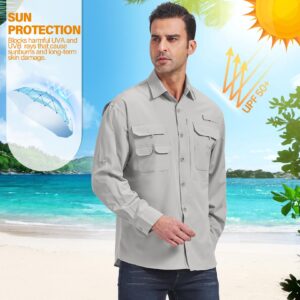 linlon Mens Safari Shirts Long Sleeve UV Protection Hiking Fishing UPF 50+ Quick Dry Cooling Camping Travel Shirts#5066-Light Grey-2XL