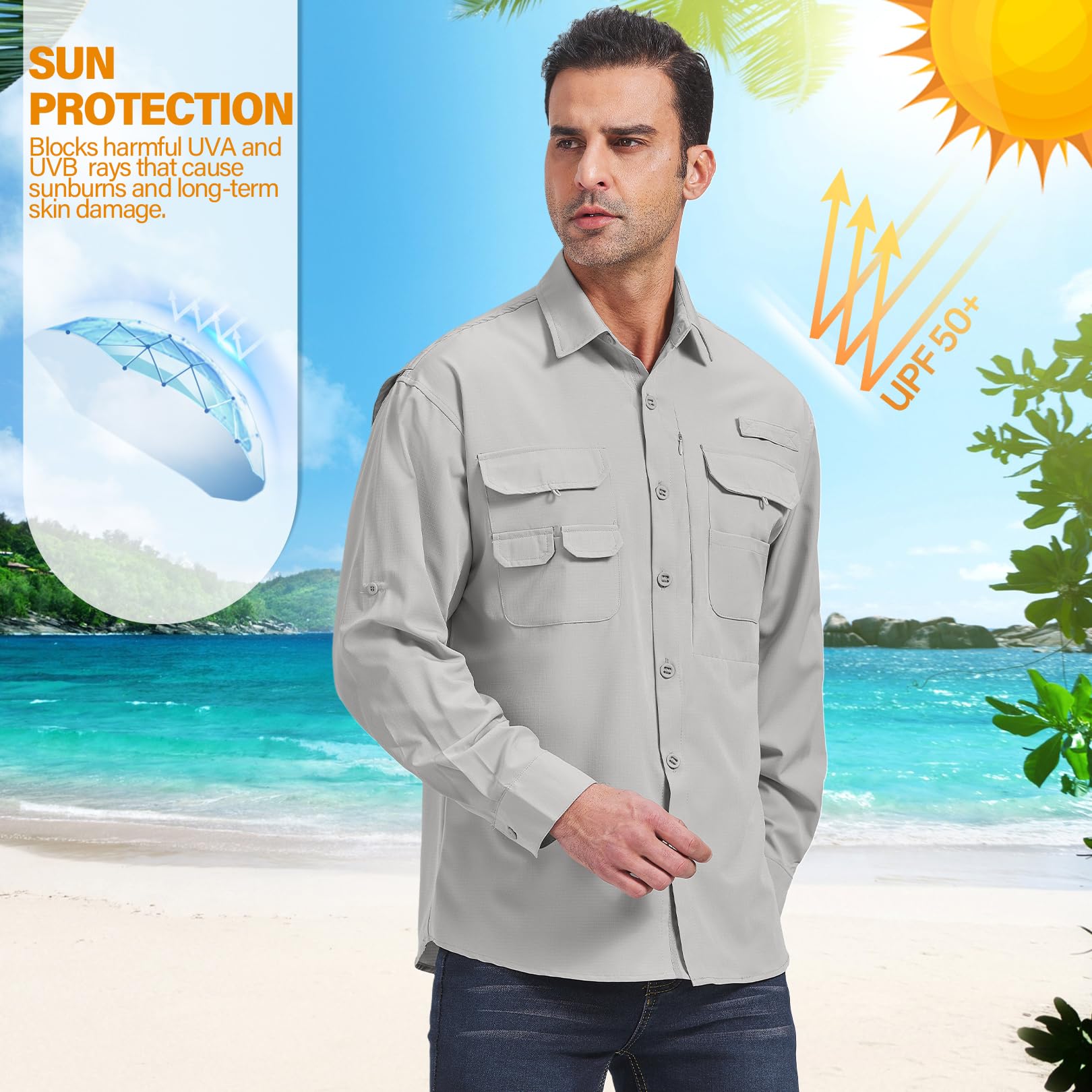 linlon Mens Safari Shirts Long Sleeve UV Protection Hiking Fishing UPF 50+ Quick Dry Cooling Camping Travel Shirts#5066-Light Grey-2XL