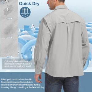 linlon Mens Safari Shirts Long Sleeve UV Protection Hiking Fishing UPF 50+ Quick Dry Cooling Camping Travel Shirts#5066-Light Grey-2XL