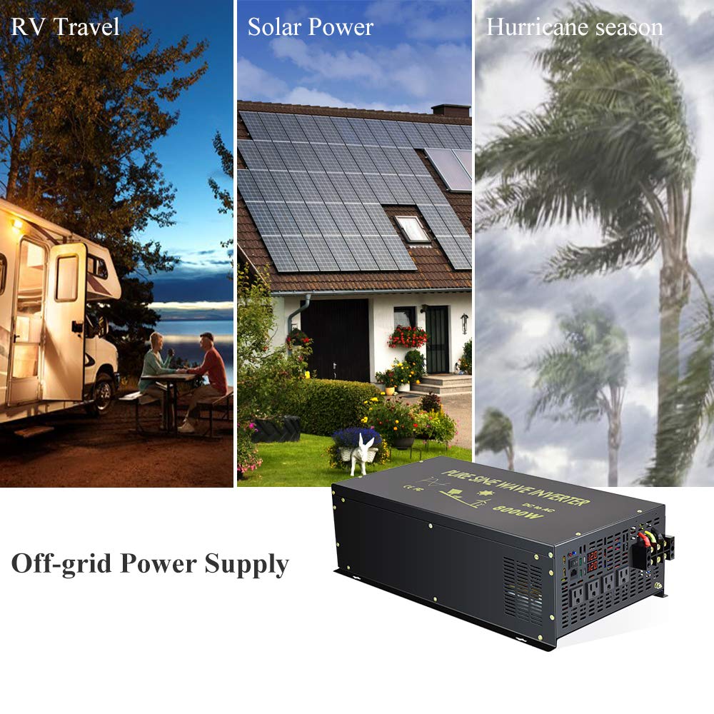 WZRELB 8000W 12V 120V Pure Sine Wave Power Inverter 4 AC Outlets Wired Remote Control,RV, Camping (RBH-800012WR)