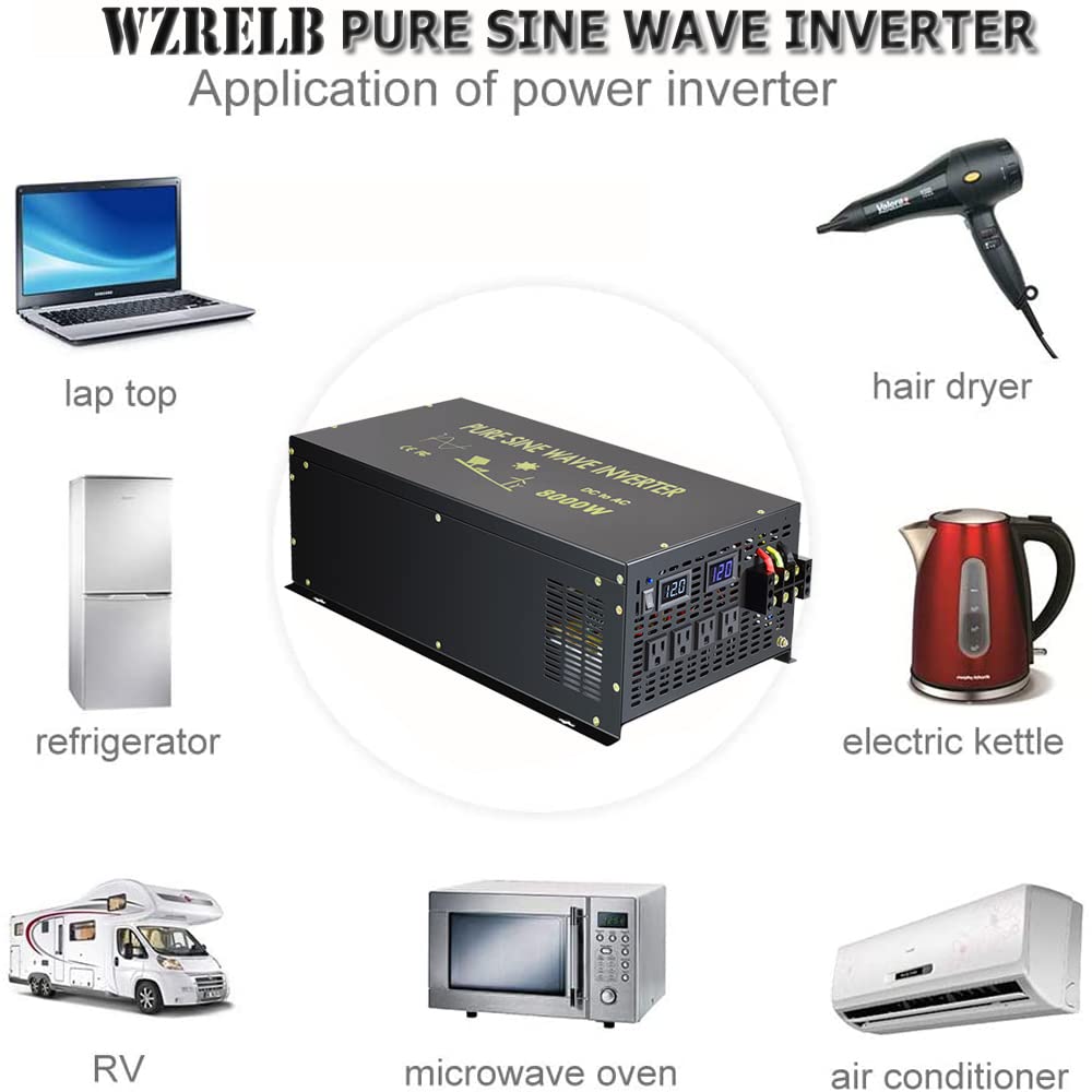 WZRELB 8000W 12V 120V Pure Sine Wave Power Inverter 4 AC Outlets Wired Remote Control,RV, Camping (RBH-800012WR)