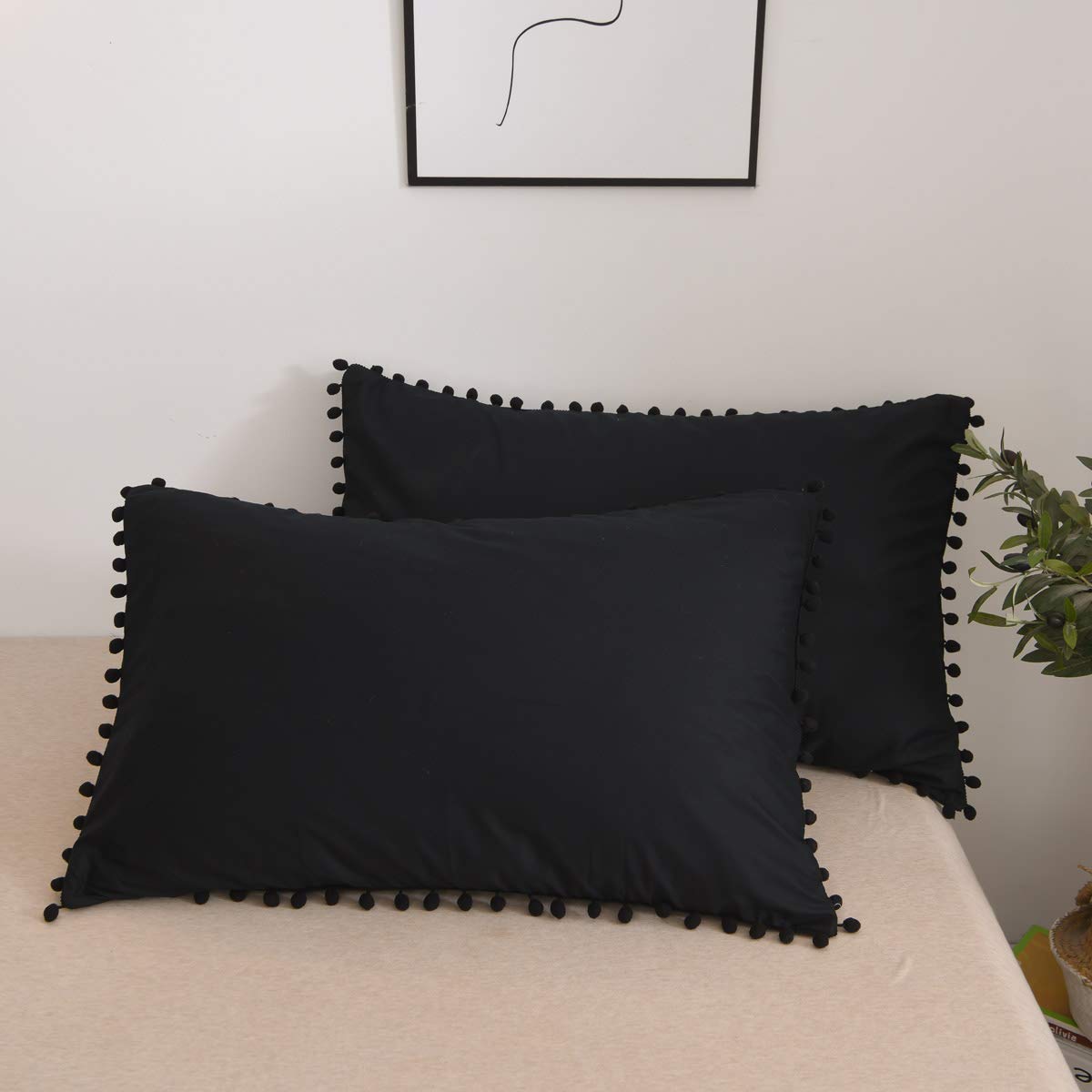 Softta 20x36 Boho Pillow Covers 2 pcs Pompom Pillow Shams Tassel Ruffle Pillowcases Black 100% Cotton Cover King/Cal King (NO Comforter NO Filling)