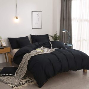 Softta 20x36 Boho Pillow Covers 2 pcs Pompom Pillow Shams Tassel Ruffle Pillowcases Black 100% Cotton Cover King/Cal King (NO Comforter NO Filling)