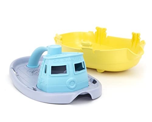 Green Toys Tugboat, Grey/Yellow/Turquoise Assorted - Pretend Play, Motor Skills, Kids Bath Toy Floating Pouring Vehicle. No BPA, phthalates, PVC. Dishwasher Safe, Recycled Plastic, Made in USA.