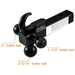 TOPSKY Trailer Hitch Tri Ball Mount with Hook, 1-7/8",2"&2-5/16", Hitch Ball, Hollow Shank, Black Ball,TS2009