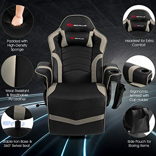 Goplus Massage Gaming Chair, Racing Style Gaming Recliner w/Adjustable Backrest and Footrest, Ergonomic High Back PU Leather Computer Office Chair Swivel Game Chair w/Cup Holder and Side Pouch