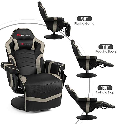 Goplus Massage Gaming Chair, Racing Style Gaming Recliner w/Adjustable Backrest and Footrest, Ergonomic High Back PU Leather Computer Office Chair Swivel Game Chair w/Cup Holder and Side Pouch