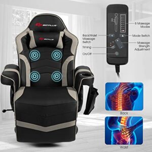 Goplus Massage Gaming Chair, Racing Style Gaming Recliner w/Adjustable Backrest and Footrest, Ergonomic High Back PU Leather Computer Office Chair Swivel Game Chair w/Cup Holder and Side Pouch