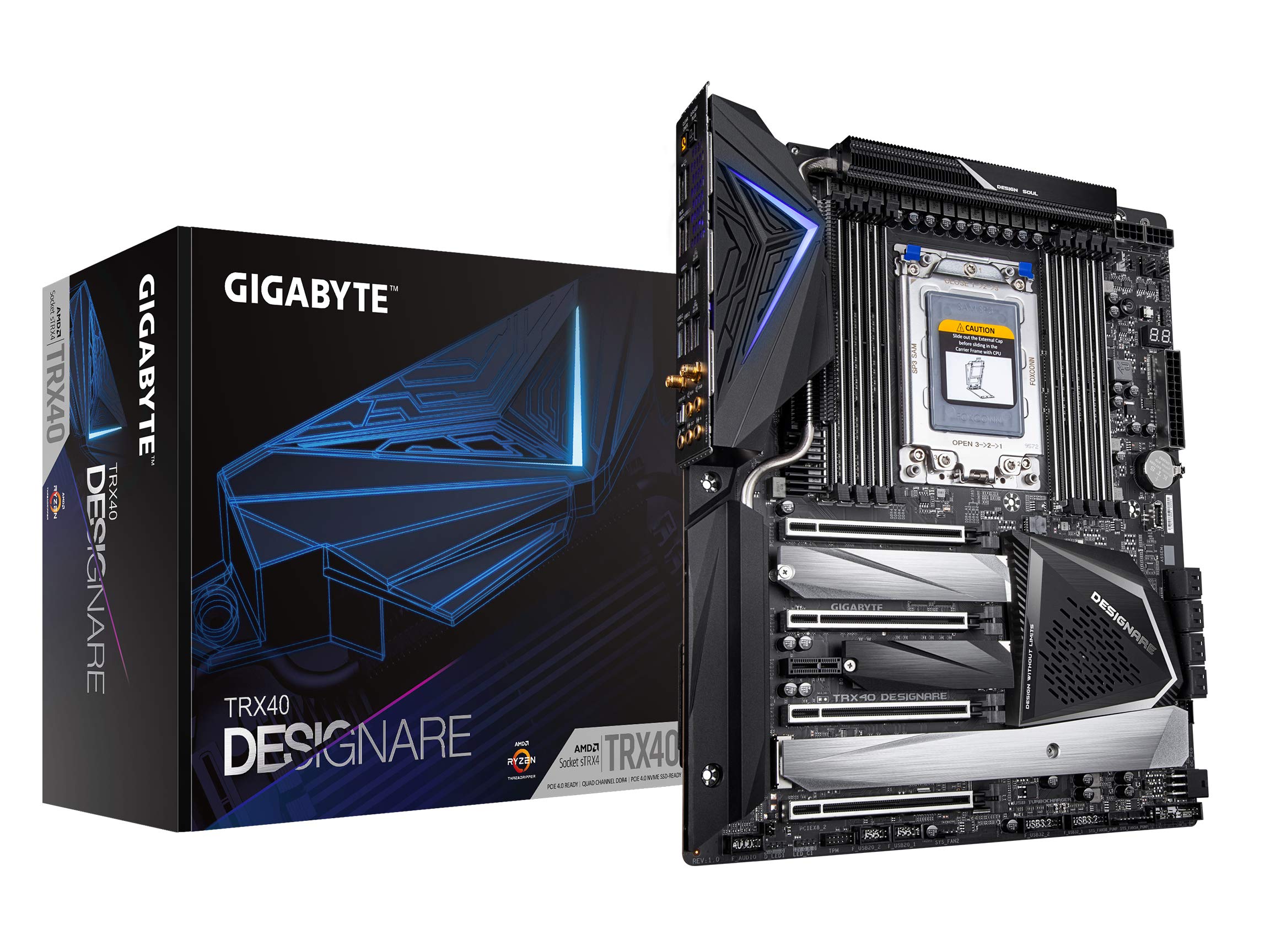 GIGABYTE TRX40 DESIGNARE (sTRX/AMD/TRX40/Direct 16+3 Phase VRM/Fins-Array Heatsink/Gen 4 AIC with 4 Extra M.2/ XL-ATX/Motherboard)