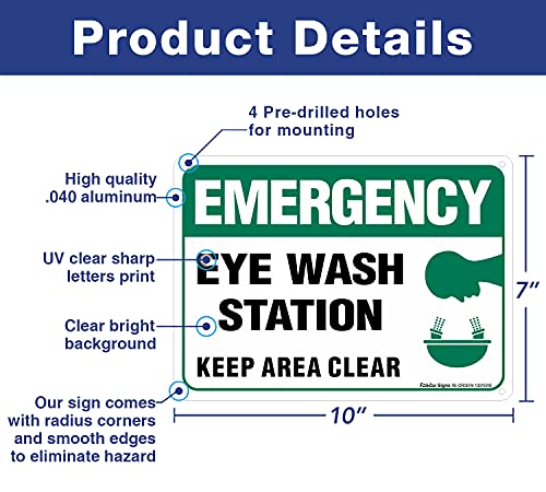 (2 Pack) Emergency Sign, Eye Wash Station Sign, Keep Area Clear Sign, 10 x 7 Inches .40 Rust Free Aluminum, UV Protected, Weather Resistant, Waterproof, Durable Ink，Easy to Mount