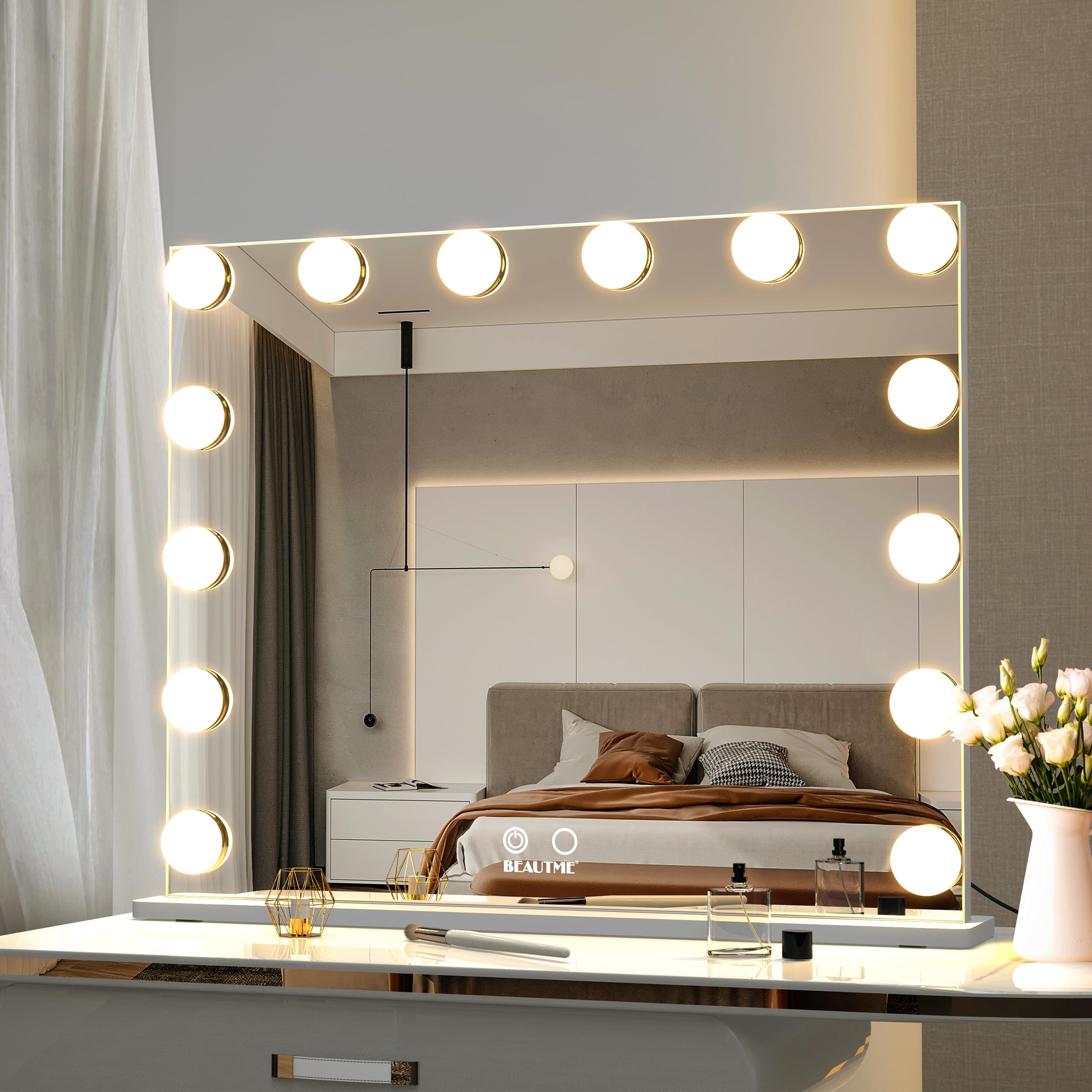 BEAUTME Large Vanity Mirror with Lights,Hollywood Lighted Makeup Cosmetic Mirror with Smart Button,Tabletop or Wall Mounted Makeup Mirrors White