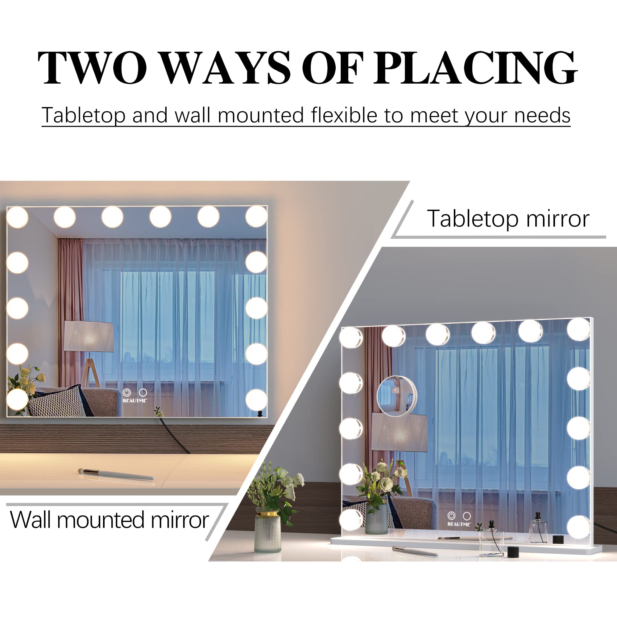 BEAUTME Large Vanity Mirror with Lights,Hollywood Lighted Makeup Cosmetic Mirror with Smart Button,Tabletop or Wall Mounted Makeup Mirrors White