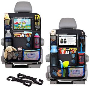 car seat organizer back seat with 10" tablet holder adjustable straps 9 storage pockets kick mats car seat back protectors great travel accessories for kids and toddlers 2 pack + 2 car headrest hook