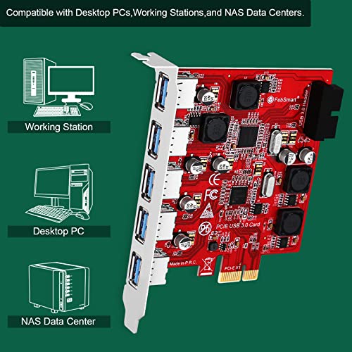 FebSmart 7-Ports Superspeed 5Gbps USB 3.0 PCIE Expansion Card, 5-Ports USB-A and an 19Pin USB 3.0 Header, Built in FebSmart Self-Powered Technology, No Need Additional Power Supply (FS-U7S-Pro)