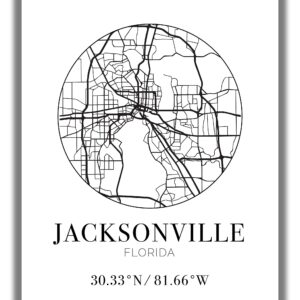 Jacksonville FL City Street Map Wall Art - 11x14 UNFRAMED Modern Abstract Black & White Aerial View Decor Print with Coordinates. Makes a great Florida -Themed Gift.