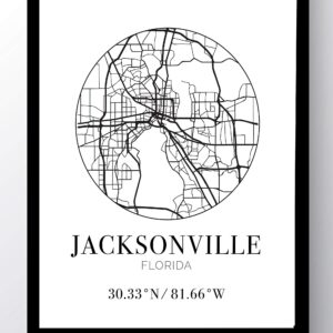 Jacksonville FL City Street Map Wall Art - 11x14 UNFRAMED Modern Abstract Black & White Aerial View Decor Print with Coordinates. Makes a great Florida -Themed Gift.