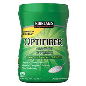 kirkland signature optifiber, powder, sugar free favor free gluten free non thickening, net wt. 760g/26.8 oz (1.6 lbs) (190 servings)