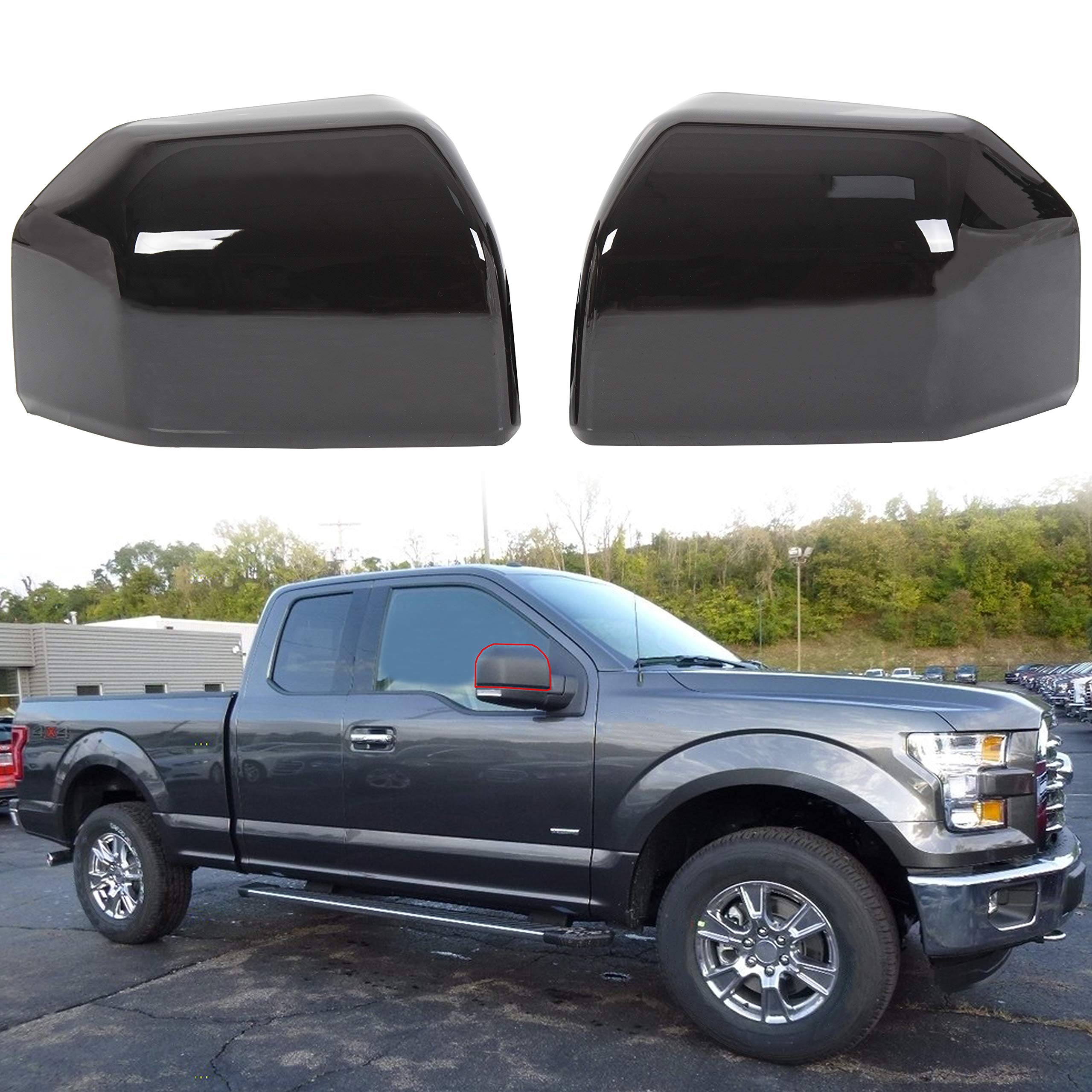 ECOTRIC Top Half Upper Driver/Passenger Side View Gloss Black Mirror Covers for 2015-2020 Ford F150 F-150 (Set of 2 Mirror Cover Replacement)