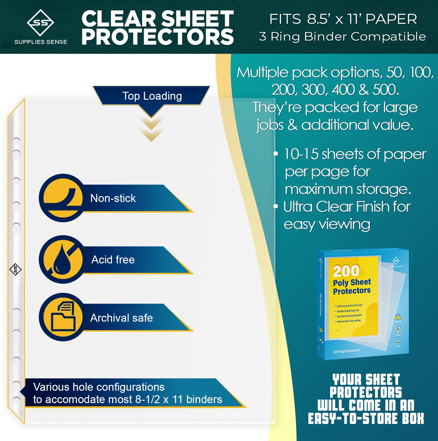 Sheet Protectors for 3 Ring Binder - 200 Premium Clear Plastic Page Protectors for 3 Ring Binder - Sleeves 8.5 x 11 for Paper & Documents