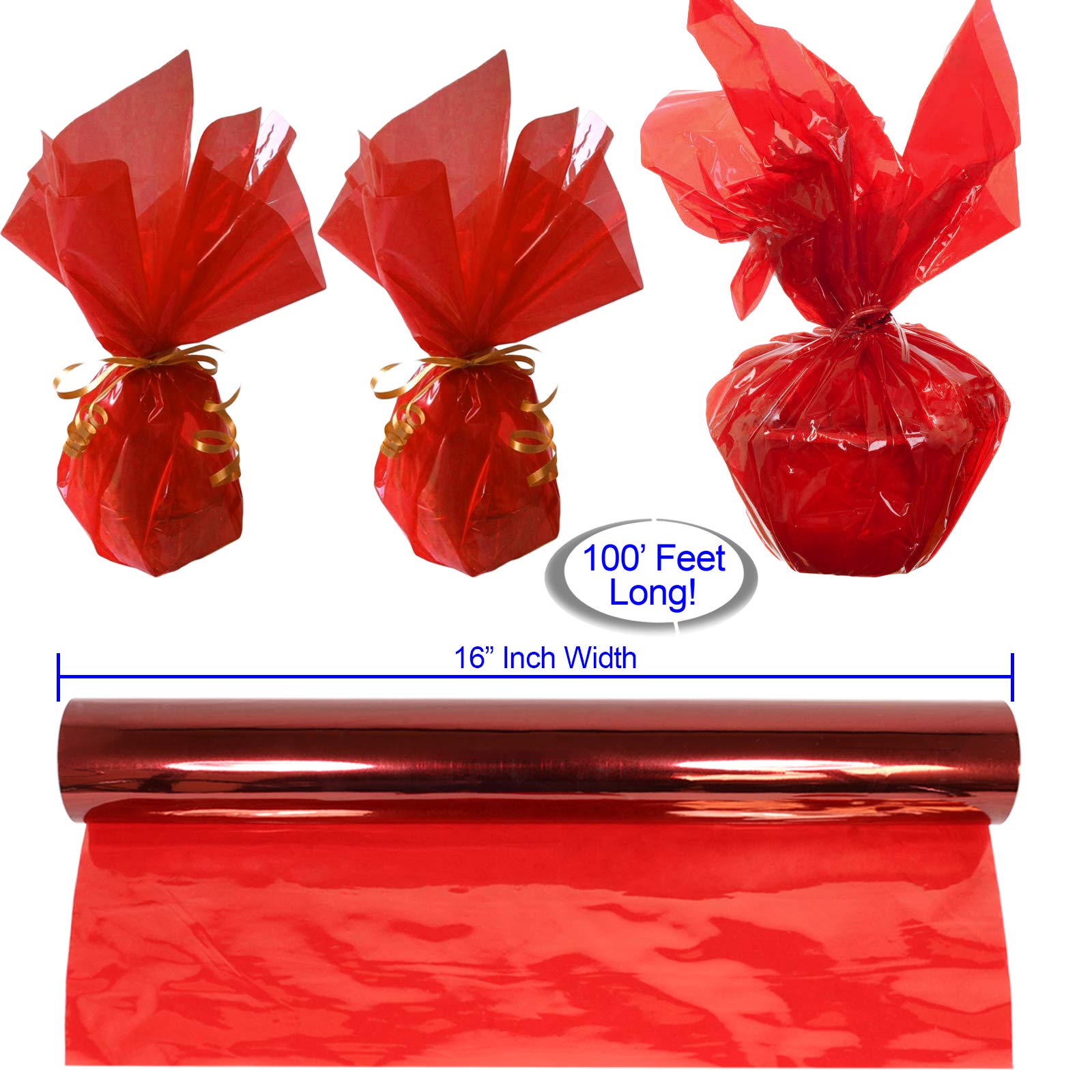 AnapoliZ Cellophane Wrap Roll Red | 100’ Ft. Long X 16” in. Wide | 2.3 Mil Thick Transparent Red | Gifts, Baskets, Treats, Cellophane Wrapping Paper | Colorful Cello Christmas, Holiday Color