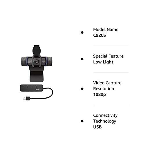 Logitech C920S HD Pro Webcam with Privacy Shutter Bundle with 4-Port 3.0 USB Hub (2 Items)